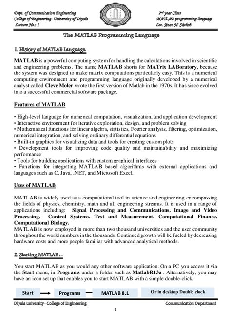 Pdf Matlab Programming Language Lecture No 1