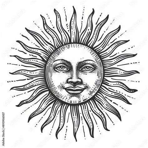 This Cartoon Illustration Depicts A Face And Rays Of The Sun As A Magical Occult Or Mystical