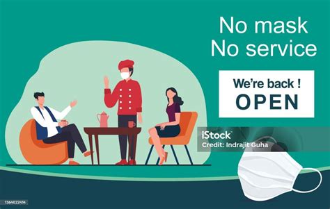 마스크 서비스 없음 얼굴 가면을 쓴 남성 웨이터와 여성 웨이트리스가 트레이를 손에 들고 있다 레스토랑 고객 서비스 전염병