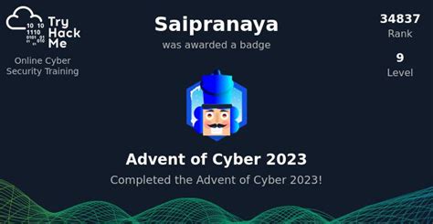 earned advent of cyber 2023 badge saipranaya chepuri posted on the topic linkedin