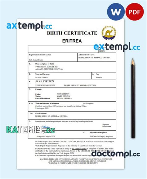 Sample Eritrea Vital Record Birth Certificate Word And PDF Template Completely Editable Download