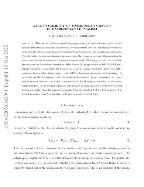 Pdf Gauge Symmetry Of Unimodular Gravity In Hamiltonian Formalism