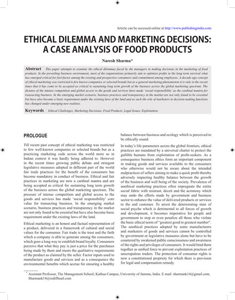 Pdf Ethical Dilemma And Marketing Decisions A Case Analysis Of Food