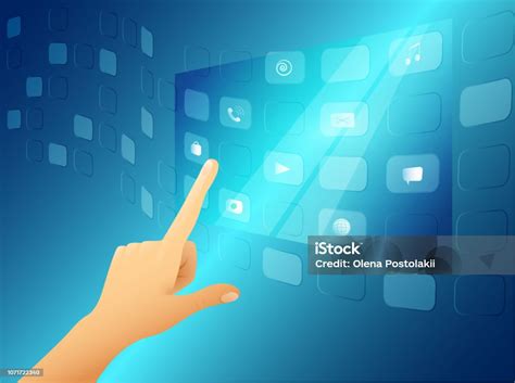 벡터 일러스트 레이 션 높은 디지털 기술 인터랙티브 스크린과 여성 손 버튼을 누른 다 가상현실에 대한 스톡 벡터 아트 및 기타 이미지 가상현실 가상현실 시뮬레이터