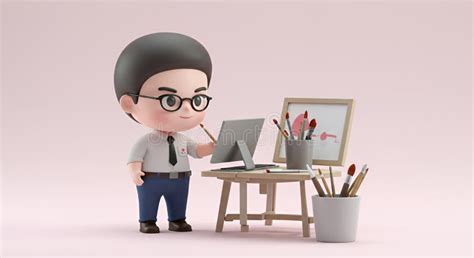 Chibi Male Artist With Digital Tablet And Art Supplies In 3d Render