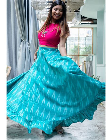 Hot Pink Crop Top With Blue Ikat Printed Skirt Set Of Two By Athira Designs The Secret Label