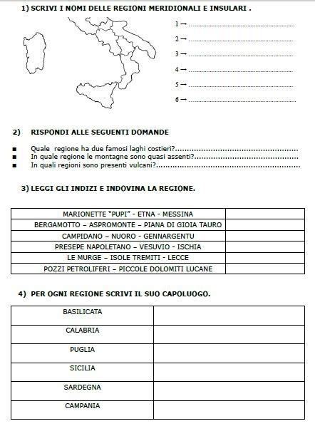 Verifica Regioni Meridionali E Insulari Ditalia Classe Quinta