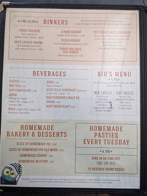 Menu At Nite Owl Cafe Lanse