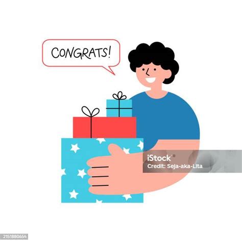 선물 상자를 손에 들고 말풍선을 가진 남자의 평면 벡터 그림입니다 검정 머리에 대한 스톡 벡터 아트 및 기타 이미지 검정 머리 고객 참여 공휴일 Istock