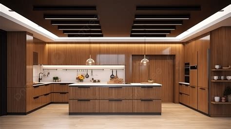 어두운 목재 캐비닛과 밝은 천장이 있는 주방 나무 캐비닛이 있는 현대적인 주방의 3d 인테리어 럭셔리를 만드는 스트립 및 천장 조명 고화질 사진 사진 배경 일러스트 및