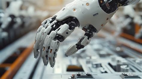 Robotic Arm Performing Manufacturing Tasks In Factory Setting Stock