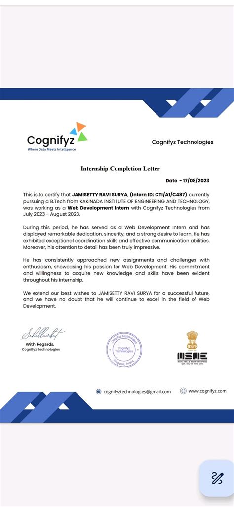 jamisetty ravi surya on linkedin cognifyzinternship professionaldevelopment continuouslearning