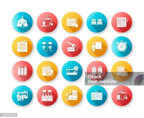 도미토리 플랫 디자인 긴 그림자 글리프 아이콘 세트 공동 공간 생활 숙박 시설 호스텔 호텔 공용 객실 공용 침실 대학 캠퍼스 실루엣 Rgb 컬러 일러스트레이션 배경 주제에