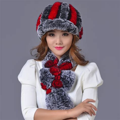 Fur Cap And Scarf Set Stripe Baseball Cap With Natural Rex Rabbit Fur