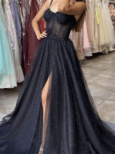 Shiny Black Lace Prom Dresses Tulle Long Formal Dress Spaghetti Straps · Mychicdress · Online