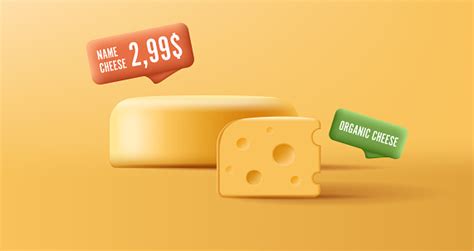 노란색 배경 3d에 잘린 조각이 있는 치즈 머리 가격표와 유기농 제품 아이콘이 있는 치즈 광고 배너 농장 치즈 제품 구멍에 대한 스톡 벡터 아트 및 기타 이미지 Istock