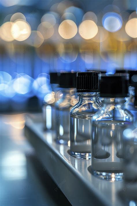 A Series Of Tiny Glass Bottles In Scientific Setting With Black Lids