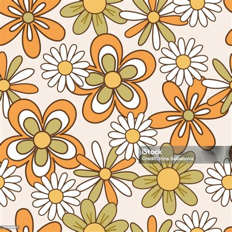 이음새가 없는 패턴 복고풍 70년대 히피 빈티지 스타일의 귀여운 꽃이있는 배경 벽지 직물 직물에 대한 긍정적 인 상징이있는 그림 벡터 배경 주제에 대한 스톡 벡터 아트 및