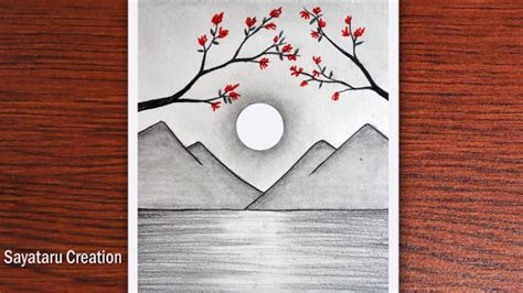 نحوه ترسیم منظره کوه با مداد طراحی شب مهتاب