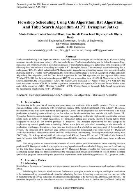 Pdf Flowshop Scheduling Using Cds Algorithm Bat Algorithm And Tabu Search Algorithm At Pt
