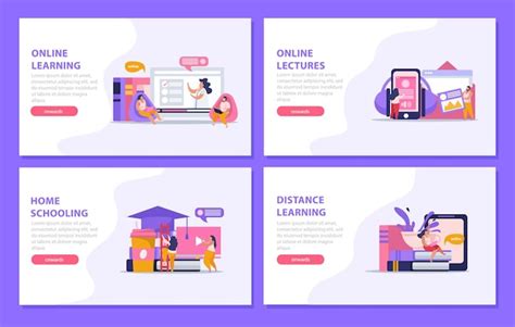 수평 배너 방문 페이지의 전자 학습 홈 스쿨링 세트 무료 벡터