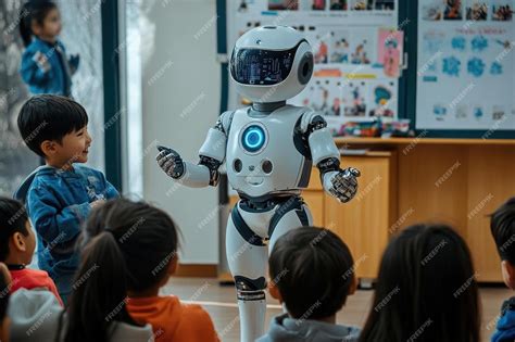 Robot Teacher Interacting With Students In Classroom Illustration