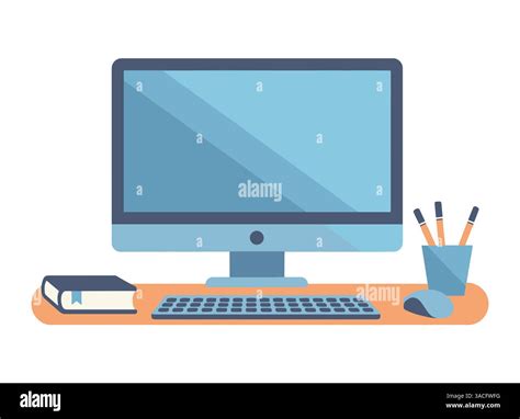 Computer Monitor With Blank Screen Flower Pot And Pencil Box Flat Vector Illustration Ideal