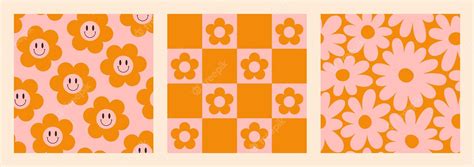 S에서 바둑판과 데이지 꽃 사이키델릭 벡터 배경으로 설정된 그루비 원활한 패턴 프리미엄 벡터