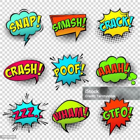 하프톤 그림자와 텍스트 문구만화 컬러 의 연설 거품 감정의 소리 표현 손으로 그린 복고풍 만화 스티커 팝 아트 스타일 벡터 일러스트레이션 개체 그룹에 대한 스톡 벡터 아트