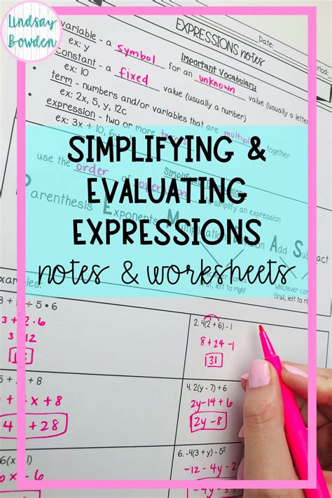 Simplifying And Evaluating Expressions Notes And Worksheets