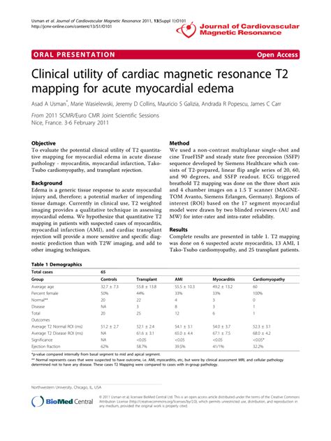 Pdf Clinical Utility Of Cardiac Magnetic Resonance T2 Mapping For