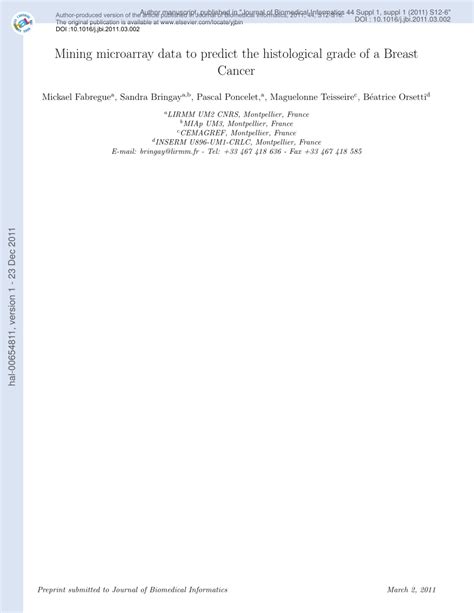 Pdf Mining Microarray Data To Predict The Histological Grade Of A