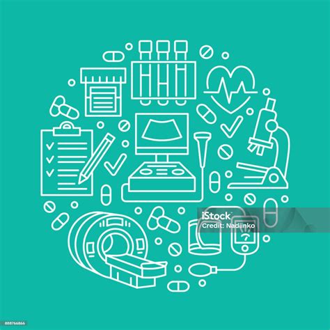 의료 포스터 서식 파일을 확인 합니다 벡터 플랫 라인 아이콘 일러스트 레이 션의 제품은 의료 센터 장비 Mri 초음파 혈액 검사