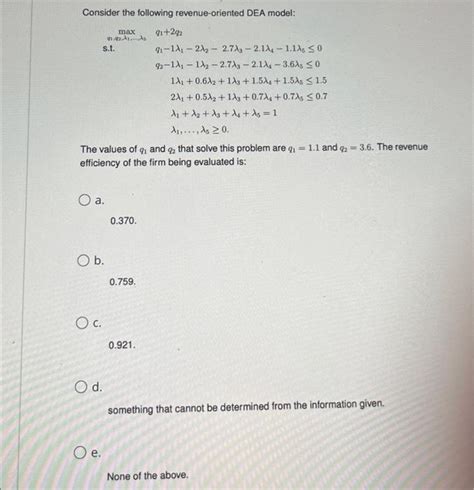 Solved Consider The Following Revenue Oriented Dea Model