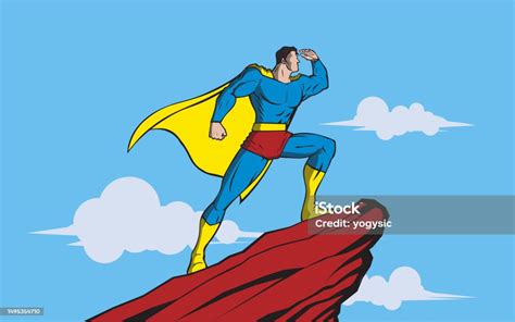 벡터 레트로 팝 아트 스타일 슈퍼히어로 멀리 떨어진 스톡 일러스트레이션을 보고 있다 슈퍼히어로에 대한 스톡 벡터 아트 및 기타 이미지 슈퍼히어로 만화책 만화 Istock