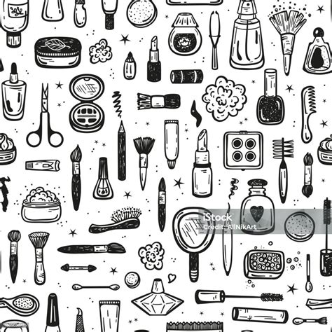 뷰티 및 패션 아이템 메이크업 및 매니큐어 세트 원활한 패턴 화장품 컬렉션 배경입니다 손으로 그린 낙서 화장품 얼굴 및 스킨 케어 제품 벡터 일러스트 레이 션 0명에 대한