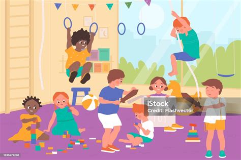 아이들은 유치원 놀이방에서 장난감을 가지고 놀고 행복한 어린 소년 소녀가 실내에서 게임을합니다 교실에 대한 스톡 벡터 아트 및 기타 이미지 Istock