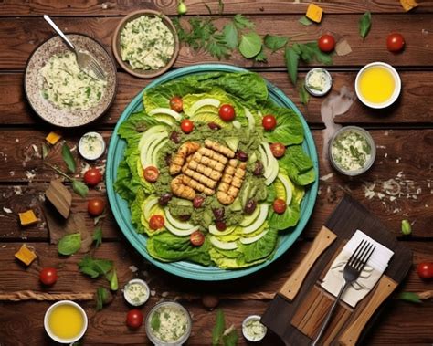 Premium Ai Image Different Dishes On Wooden Table Top View Vegetable