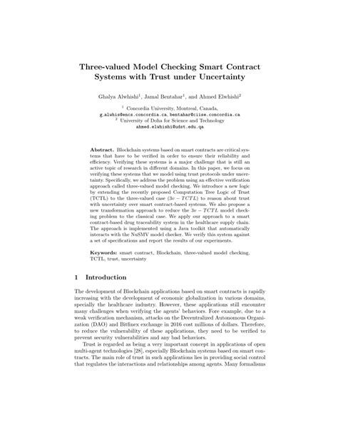 Pdf Three Valued Model Checking Smart Contract Systems With Trust