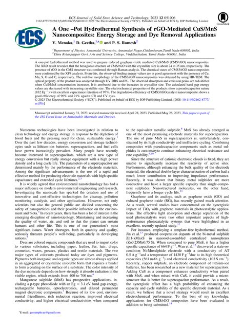 A One Pot Hydrothermal Synthesis Of Rgo Mediated Cus Mns Nanocomposites Energy Storage And Dye