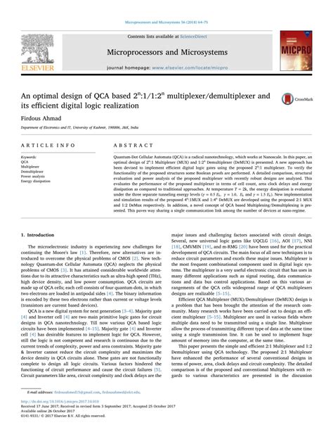 pdf an optimal design of qca based 2 n 1 1 2 n multiplexer
