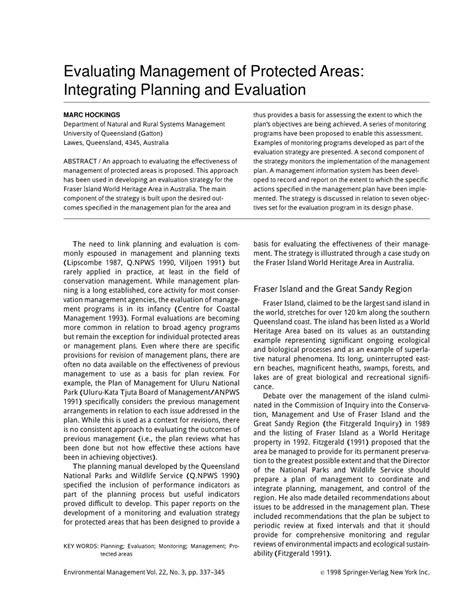 Pdf Evaluating Management Of Protected Areas Integrating Planning And Evaluation
