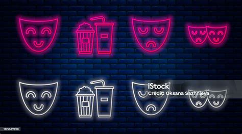세트 라인 팝콘과 소다 음료 유리 드라마 연극 마스크 코미디 연극 마스크와 코미디와 비극 연극 마스크 벽돌 벽에 빛나는 네온 아이콘입니다 벡터 Theatrical