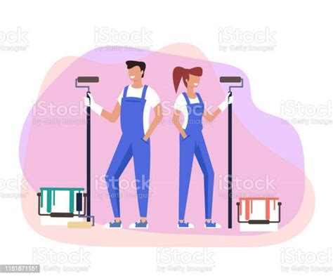 두 사람이 남자와 여자 문자 수리 아파트 리노베이션을 만들기 건설 배너 포스터 개념입니다 벡터 디자인 평면 그래픽 만화 일러스트 레이 션 가정 생활에 대한 스톡 벡터 아트