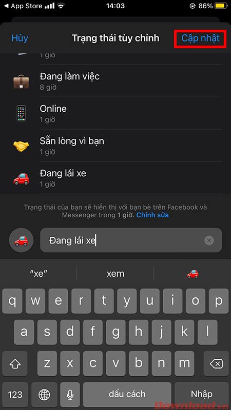 cách cập nhật trạng thái trên facebook messenger