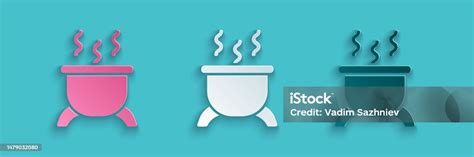 종이 는 파란색 배경에 고립 된 마녀 가마솥 아이콘을 잘라 해피 할로윈 파티 종이 아트 스타일 벡터 3차원 형태에 대한 스톡 벡터 아트 및 기타 이미지 Istock