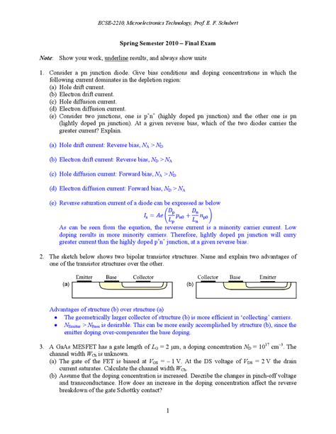 Final Exam Solutions Microelectronics Technology Ecse 2210 Docsity