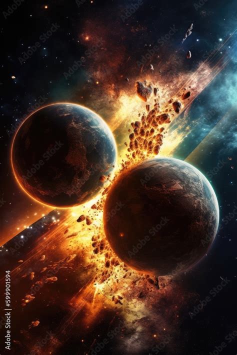 Two Massive Planets Colliding In Space Causing A Massive Explosion Ai Generative Stock