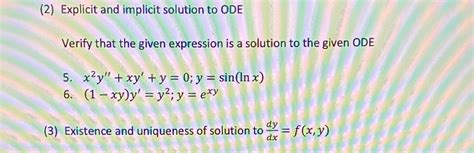 Solved 2 Explicit And Implicit Solution To Ode Verify That The
