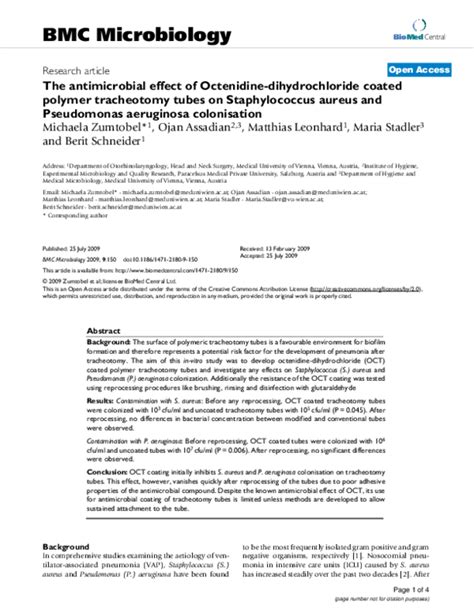 Pdf The Antimicrobial Effect Of Octenidine Dihydrochloride Coated Polymer Tracheotomy Tubes On